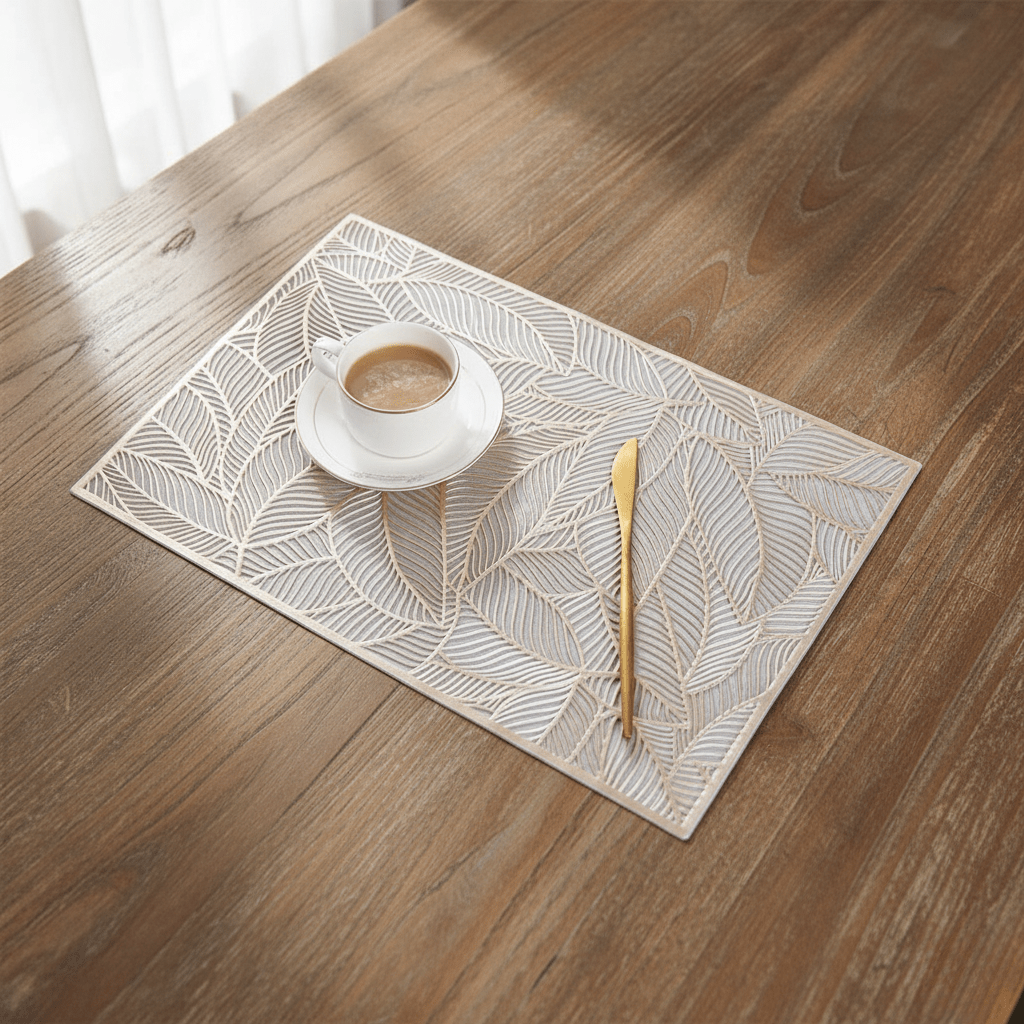 Hom & Ember – Elegant Beech Leaf Motif PVC Placemats for a Sophisticat